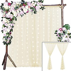 Champagne Tulle Backdrop Curtain with Lights String for Parites Wedding Sheer Backdrop Curtains for Bridal Shower Baby Shower Birthday Party Photo Shoot Background Wall Decorations 2 Panels 5×8ft
