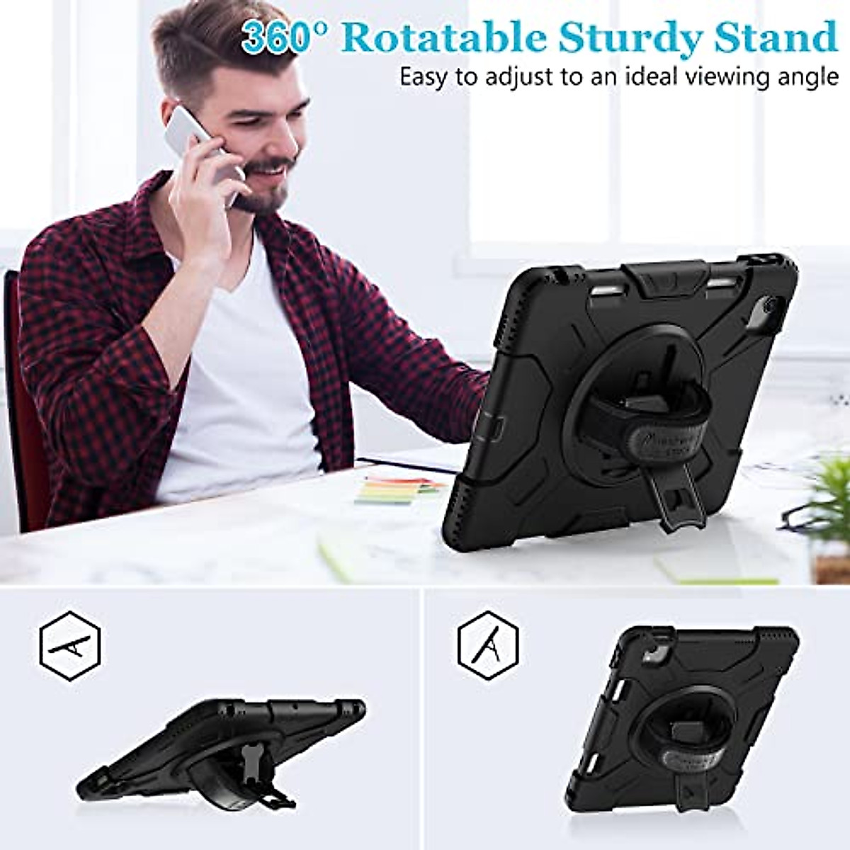 Case for iPad Air 5th/4th Generation: Military Grade Protective Cover iPad Pro 11 Inch Case & iPad Air 5/4 Case 10.9 Inch (2022/2020) W/Pencil Holder- Stand- Handle- Shoulder Strap- Black