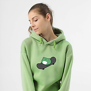 KEEVICI Women's Cute Sweatshirts Frog Skateboard Long Sleeve Casual Hoodie Pullover Tops (Green,Asian L)
