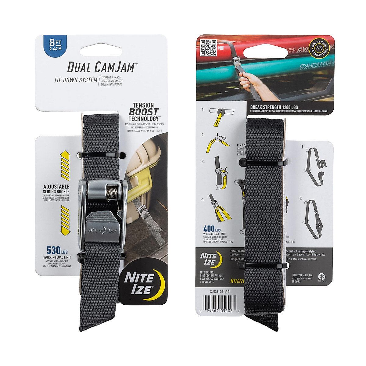 Nite Ize Dual CamJam Tie Down System - Tie Downs - Ratchet Straps - Tie Down Straps for Trucks & Cars - Luggage Strap for Camp Gear - Tie Downs Moving Supplies - 8 ft Strap, Black