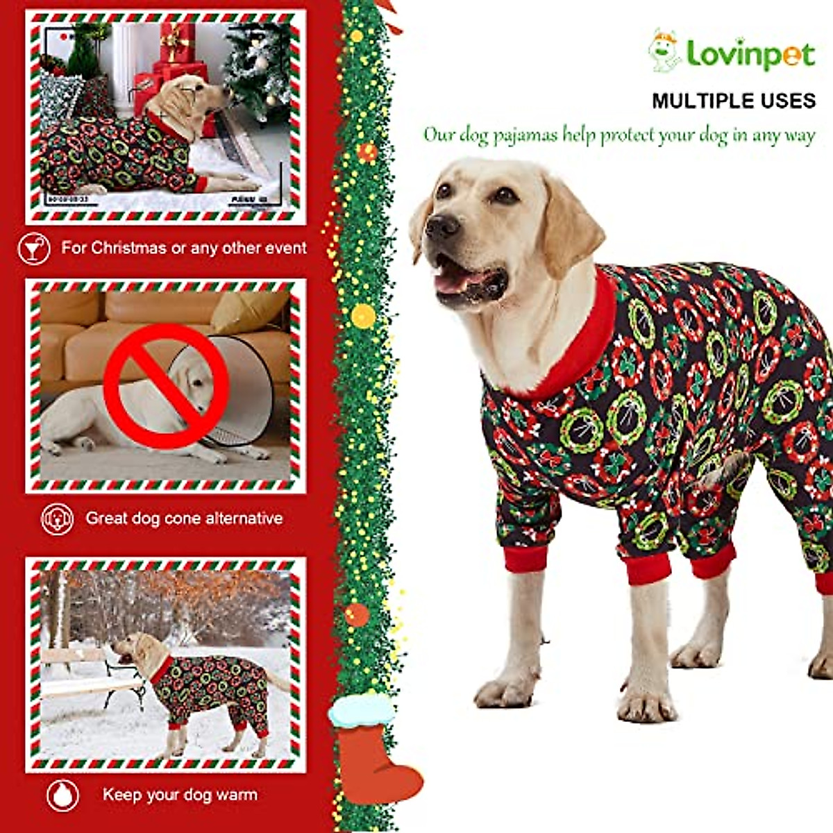 LovinPet Dog Christmas PJS Large Size Dog: Long Sleeve Shirt for Dog, Holiday Dog Costume, Lightweight Pullover Joy Holiday Wreaths Black Prints Large Dog PJ's Pitbull Clothes Christmas Outfit Large