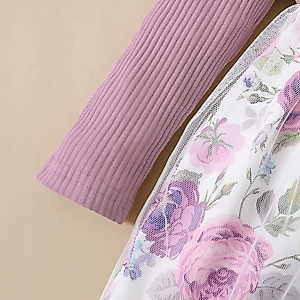 Toddler Girls Outfits Ruffle Long Sleeve Bow Dresses Splicing Floral Princess Tutu Skirts Cute Fall Clothes (Purple, 18-24 Months)