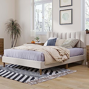 OTRIEK Queen Size Platform Bed, Modern Upholstered Platform Bed, Solid Wood Bed Frame with Vertical Channel Tufted Headboard, No Box Spring Needed for Boys Girls Bedroom (Cream)