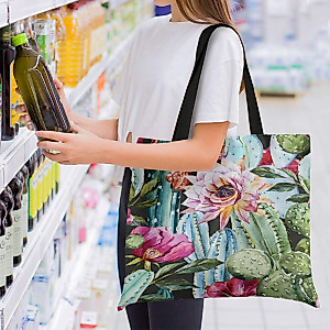 CaTaKu Cactus Canvas Tote Bag Floral Grocery Shopping Cotton Canvas Tote Bag Large Handle Durable Reusable Washable Bag for Women Men