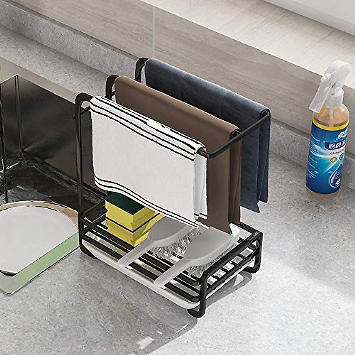 Kitchen Sink Clothes Organizer Dish Brush Sponge Kitchen Towel Cleaning Rags Holder for Bathroom Counter Sink Caddy Pan Organizer Soap Dispenser Rack