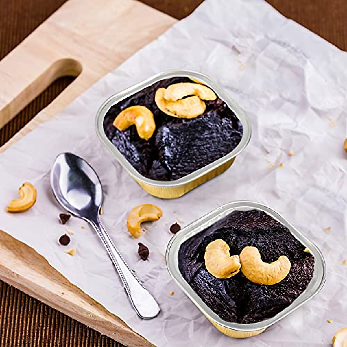 Geiserailie 40 Sets Square Aluminum Foil Cake Pan 130 ml/ 4.4 Ounces Mini Disposable Dessert Cupcake Cup Pan with Lids Flan Baking Cups for Wedding Birthday Party(Golden)