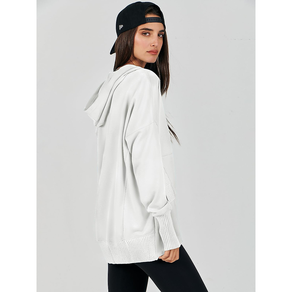 ANRABESS Women Casual Oversized Hoodies Sweatshirts Henley V Neck Hooded Pullover Sweater Tops 2024 Fall Outfits Clothes 1059benbai-M White