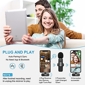 LAVKOW Wireless Lavalier Microphone for iPhone iPad, Plug-Play Wireless Mic with Clips, for Recording, YouTube, TikTok, Facebook Live Stream, Noise Reduction/No APP & Bluetooth Needed