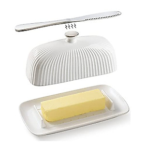 Getstar Butter Dish, Ceramic Butter Dish with Lid and Stainless Steel Knife for Countertop, Fit both West East Coast Butter, with Magnet to Attract Knife