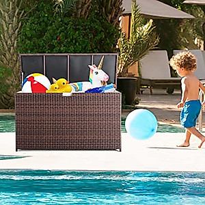 Patiorama Outdoor Wicker Storage Box, Garden Deck Bin with Aluminum Frame, Patio Cushion Storage, Brown Wicker Rattan Pool Storage Box, Water-Resistant Liner, 120 Gallon