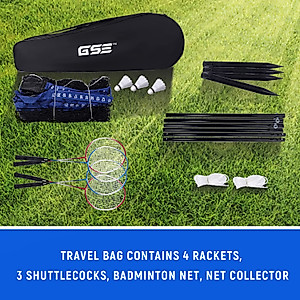 GSE Recreational Badminton Complete Set, Sports Outdoor Net Game Set Including 20'*2' Portable Badminton Net +4 Badminton Rackets+ 3 Shuttlecocks for 2-on-2 Games
