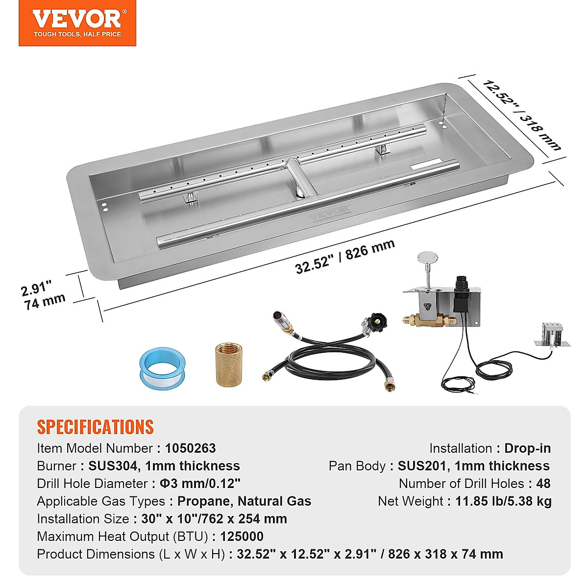 VEVOR 30 x 10 inch Drop-in Fire Pit Pan, Rectangular Stainless Steel Fire Pit Burner Kit,Propane Gas Fire Pan 125,000 BTU with H-Burner for Indoor or Outdoor Use