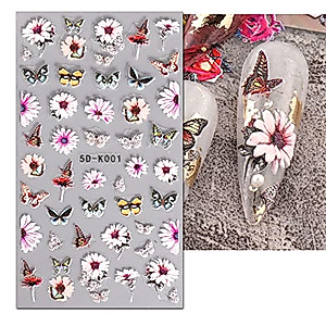 JMEOWIO 3D Embossed Spring Butterfly Flower Nail Art Stickers Decals Self-Adhesive Pegatinas Uñas 5D Colorful Nail Supplies Nail Art Design Decoration Accessories 4 Sheets