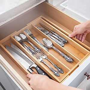 Coheden Bamboo Expandable Drawer Organizer Premium Cutlery and Utensil Tray - Multifunctional Organizer Fits With All Drawer Sizes - 100% Pure Bamboo (Medium (3-5 Compartments))