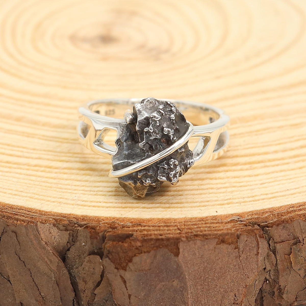 Earth Gems Jewelry Meteorite Sterling Silver Ring, 925 Silver Handmade Ring, Meteorite Raw Stone Ring, Meteorite Rough Stone Ring, Size 10
