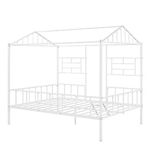 Full House Bed with Fence Railings Metal Cabin Bed Frame with Ladder Child Fun Tent Beds for Toddler Kids Boys Girls Teens, Full Size, White
