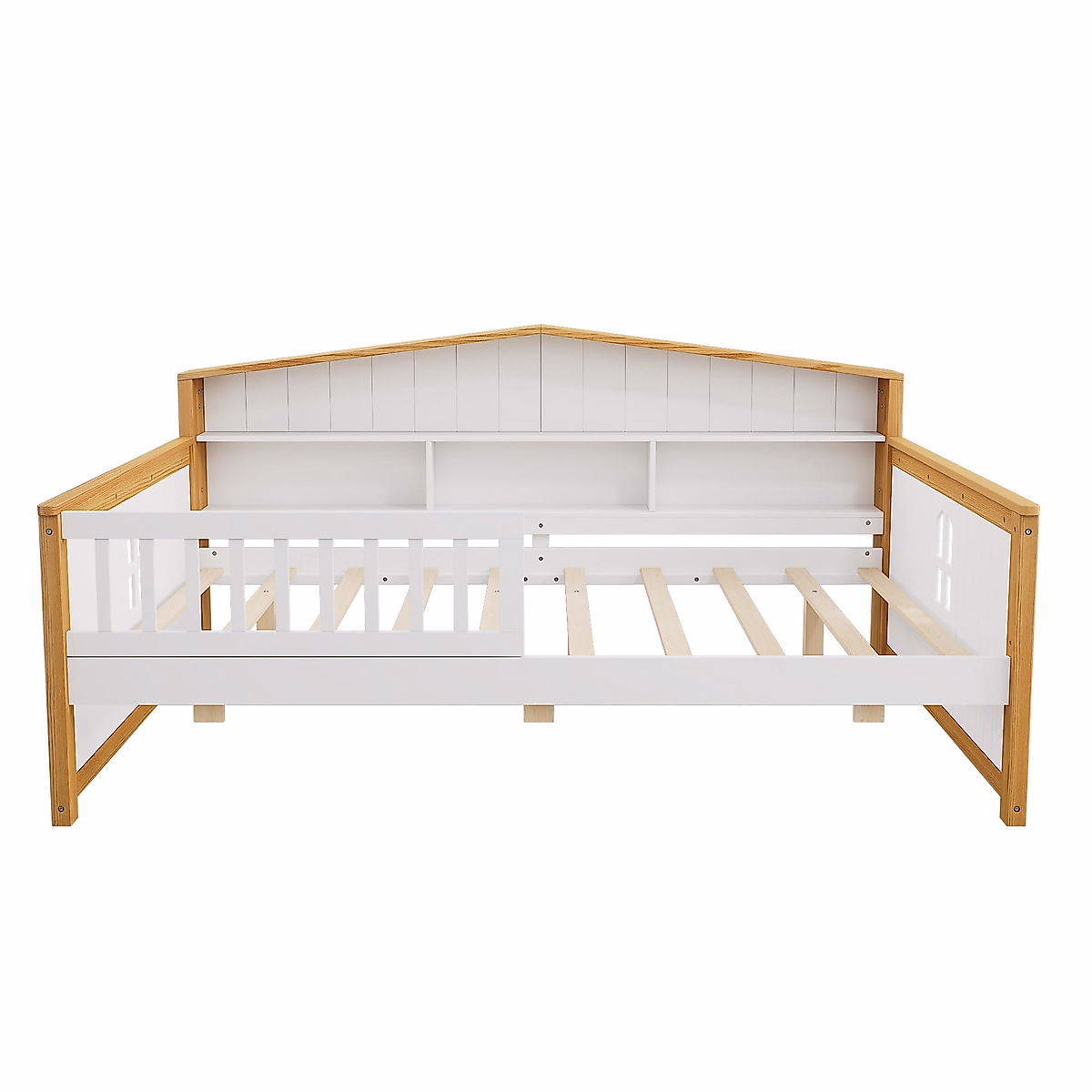 MERITLINE Full Size Daybed with Trundle and Bookcase Headboard, Wood Daybed Sofa Bed with Charming House-Shaped Design,Kids Bed Frames with Windows and Safety Rails,Walnut and White