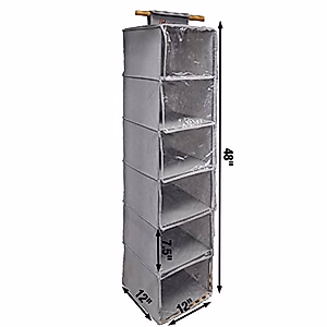 Hat-Headz Hanging Closet Organizer 6 Shelves PVC Curtain Protection 12”x 12” 48" Closet Organizers and Storage Hanging Shoes Hats Bags and More -Grey