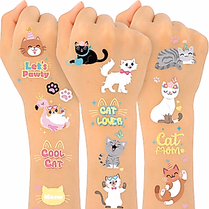 Konsait 50pcs Cat Glitter Temporary Tattoos for Kids Tattoos Temporary for Cat Birthday Party-Waterproof Fake Tattoos for Birthday Party Goodie Bags Stuffers Party Fillers