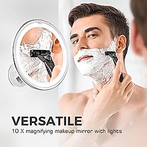 Updated 10x Magnifying Lighted Makeup Mirror with Touch Control LED Lights, 360 Degree Rotating Arm, and Powerful Locking Suction Cup, Portable Magnifying Mirror for Home, Bathroom Vanity, and Travel