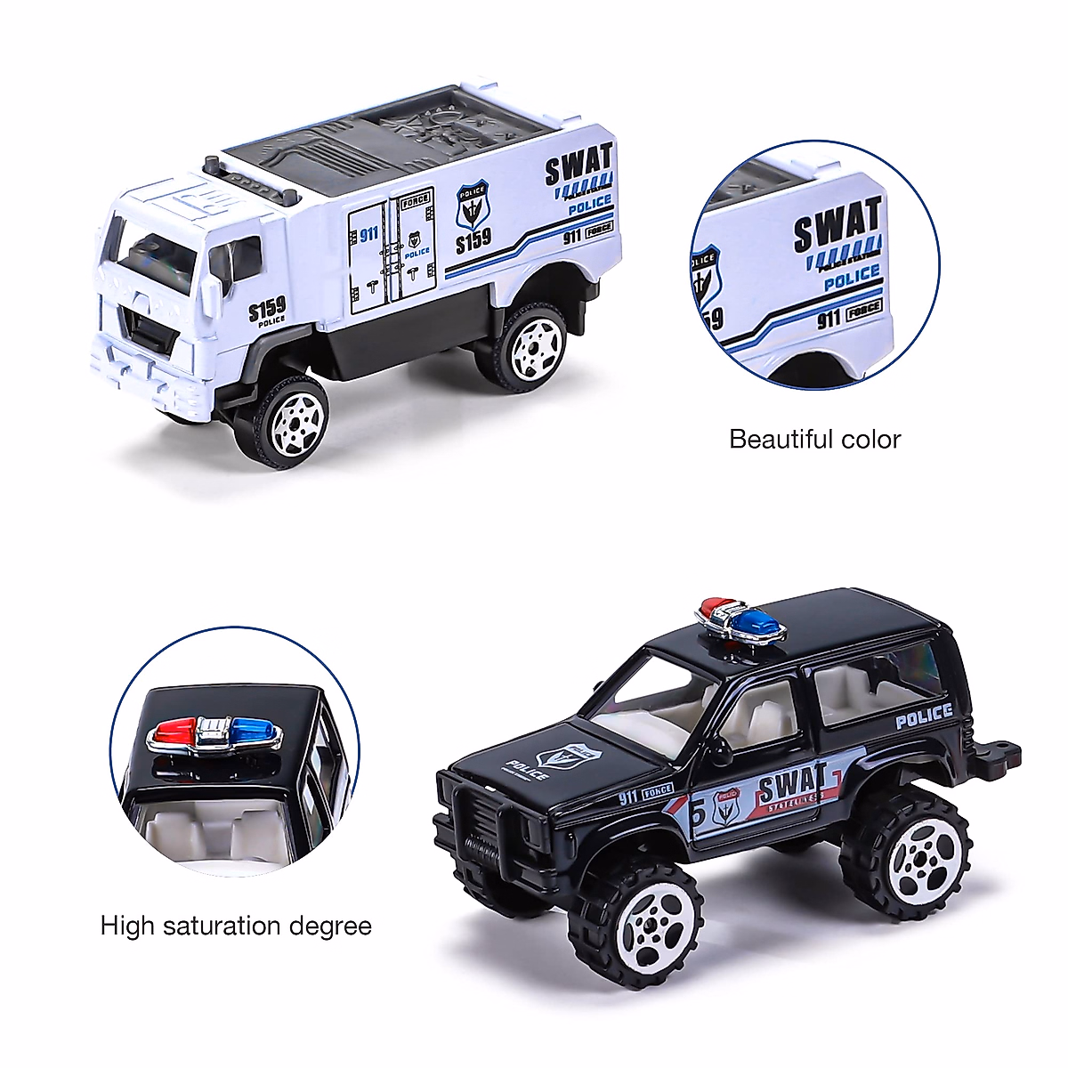 DUNRIOG TOYS 14 Pack Die-cast Police Rescue Truck Vehicles Sets,6 Pack Mini Police Vehicles Model,8 Policemen Mini Alloy Metal Pull Back Car ToysBoys Girls Toddlers Birthday Christmas Party Favors
