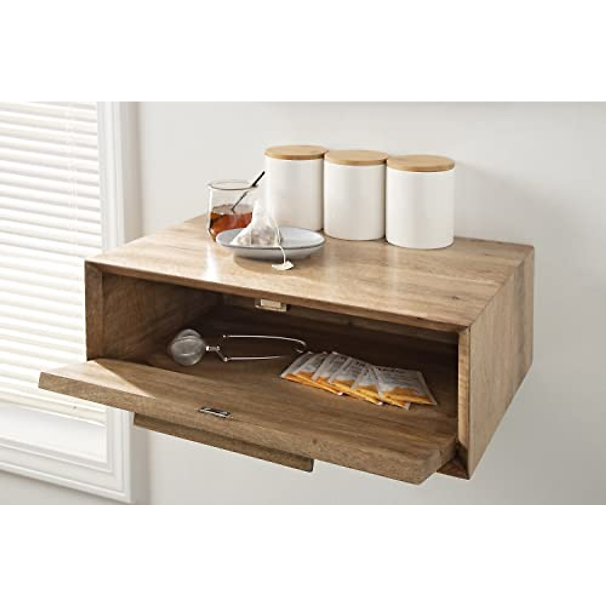 Kate and Laurel McCutcheon Floating Wood Storage Shelf, 18 x 12 x 6, Natural Wood, Decorative Transitional Floating Bedroom Nightstand with a Concealed Cubby Compartment