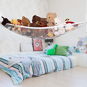 Storage Hammock Nets Toy Net Holder Stuffed Animal Hammocks Toy Mesh Hammock Jumbo Wall Sling Corner Mesh Toy Organizer with Hooks for Bedroom Plush Toys (White)