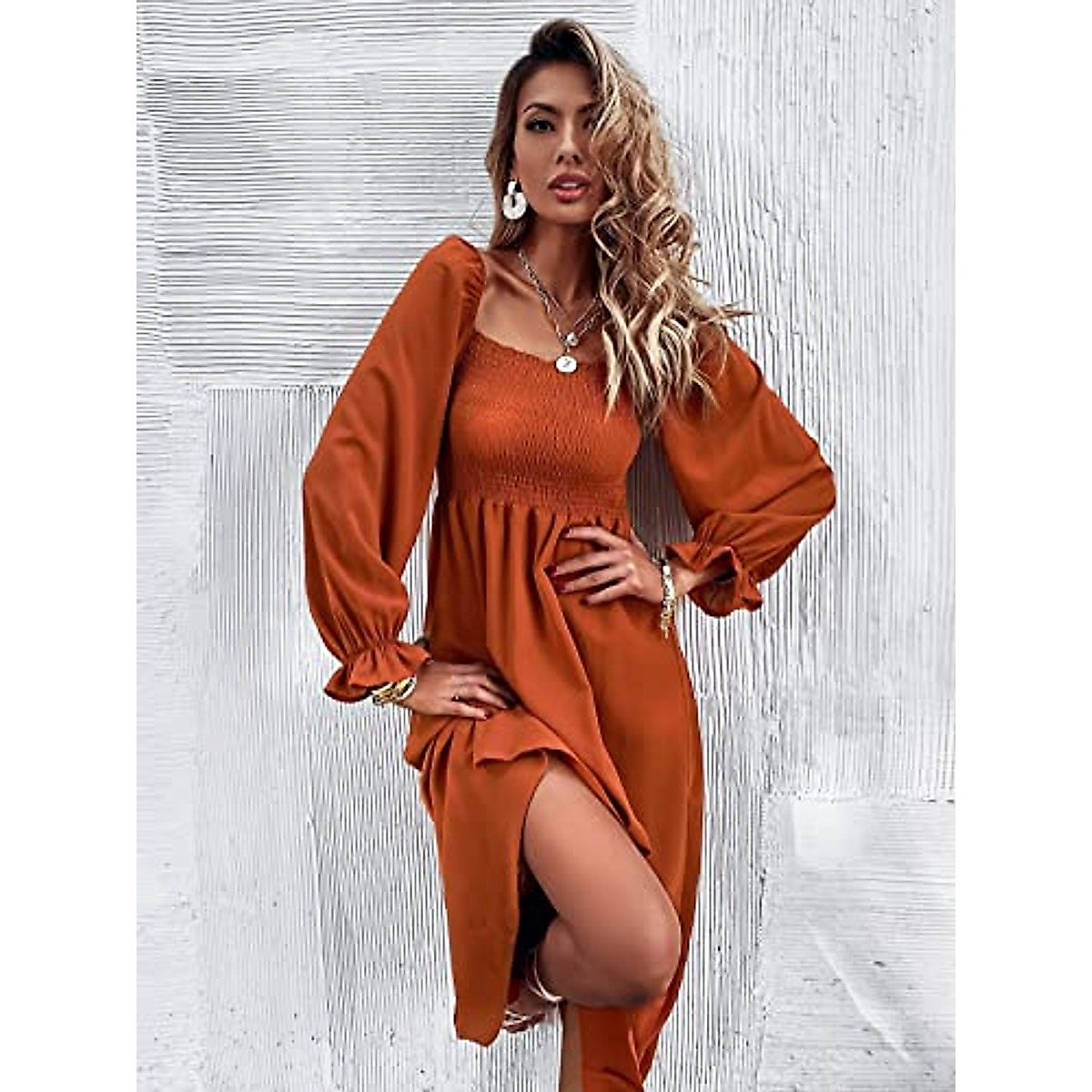 Floerns Women's Boho Floral Print Square Neck Flounce Sleeve A Line Long Dress A Burnt Orange XS