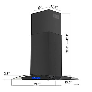 JOEAONZ 30 Inch Island Range Hood Black 700CFM Stainless Steel Convertible, Ceiling Mount Vent Hood with Tempered Glass, Kitchen Exhaust Fan, LED lights, LCD Touch Panel, Permanent Grease Filters