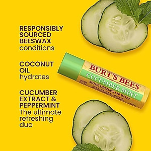 Burt's Bees Lip Balm - Original Beeswax, Cucumber Mint, Watermelon & Sweet Mandarin, With Responsibly Sourced Beeswax, Tint-Free, Natural Origin Treatment, 4 Tubes, 0.15 oz.