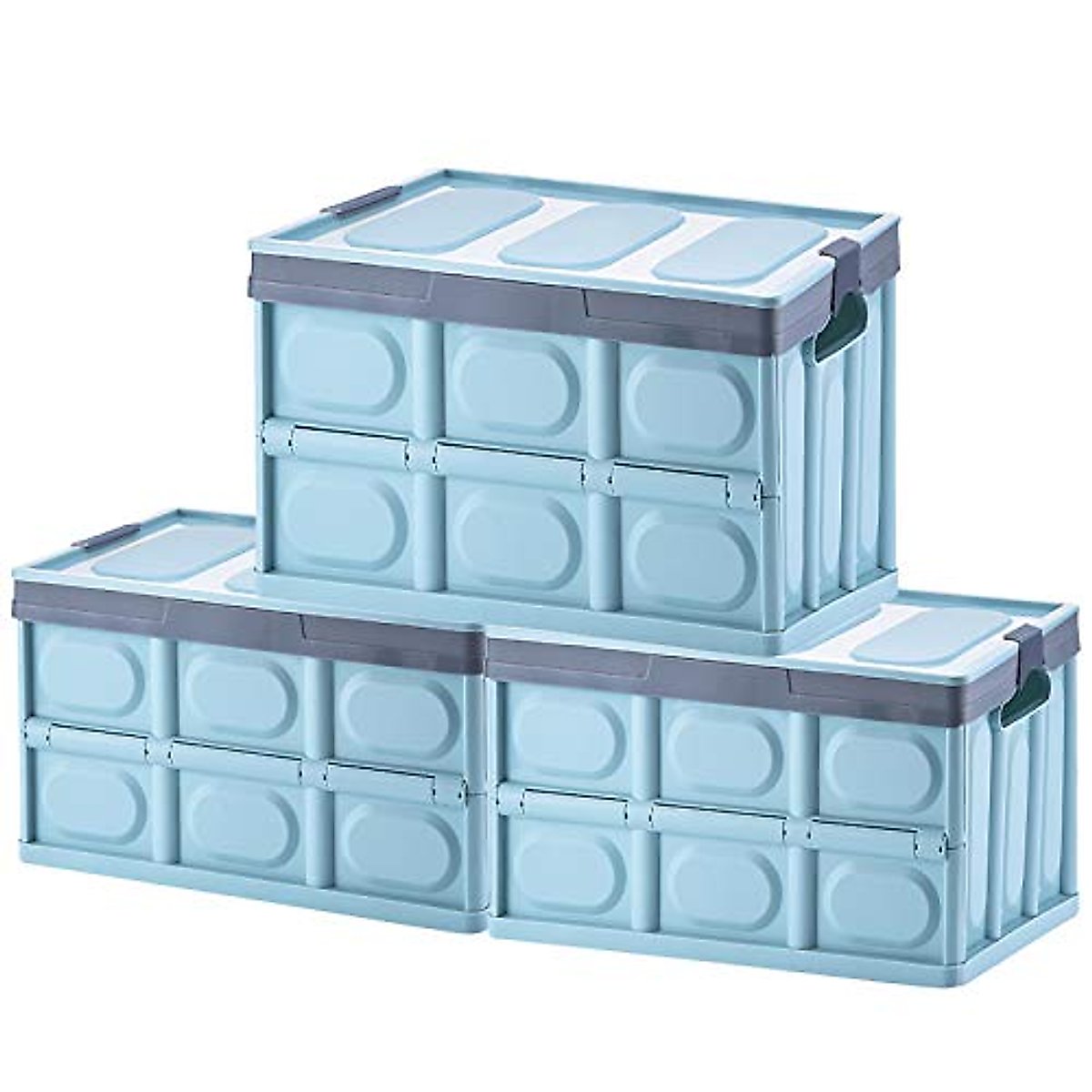 Foldable Storage Boxes with Lids [3-Pack] Collapsible Plastic Storage Bins Organizer Containers Baskets Cub with Cover,Stackable Utility Crates Storage Box (Blue, 30L)