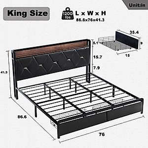 Ailisite King Size Bed Frame with Headboard and Storage Drawers, Black Upholstered Bed Frame King with Charging Station, Led King Platform Bed Frame Metal Bed Frame, No Box Spring Needed,Easy Assembly