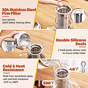DUJUST Cold Brew Coffee Maker (44oz), Glass Iced Coffee Maker with Double Silicone Seals, 304 Stainless Steel Filter, Thick Glass Cold Brew Pitcher, Large Spout Easy to Pour, BPA-Free & Lead-Free