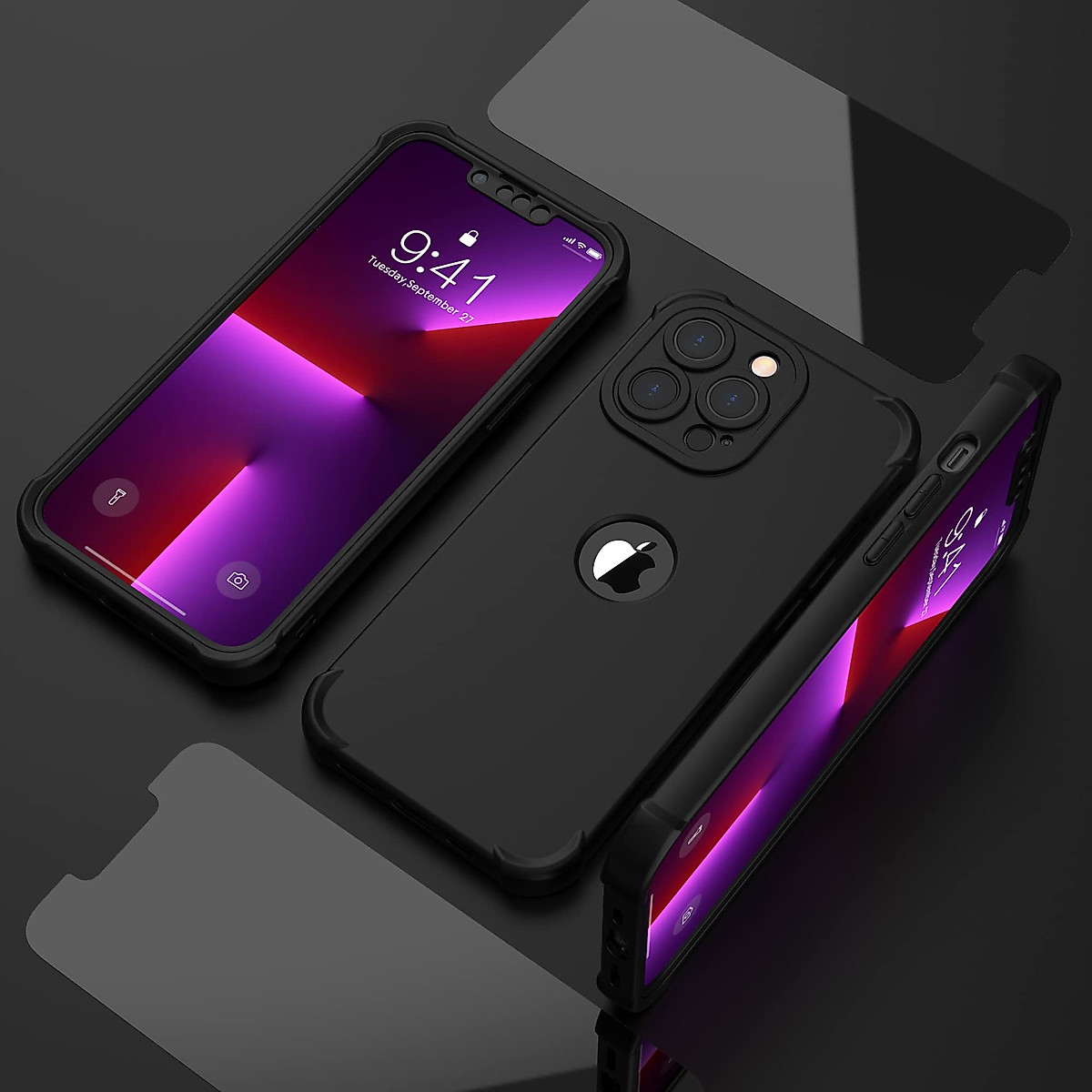 ORETECH for iPhone 13 Pro Max Case, with [2 x Screen Protectors] [15 Ft Military Grade Drop Test] [Camera Protection] 360° Shockproof Slim Thin Phone Case for iPhone 13 Pro Max Cover 6.7" - Black