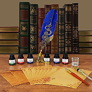 Quill Pen Ink Set-Feather Calligraphy Pen and Ink Set,Includes 6 Bottles of Ink,Quill Pen,Glass Dipping Pen,Wooden Dipping Pen,17 nibs,8 Sheets of Writing Paper,Envelope,Spoon-Blue