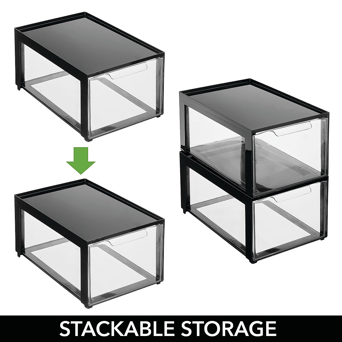 mDesign Plastic Stackable Office Storage Organizer Bin with Pull Out Drawer for Cabinet, Desk, Shelf, Cupboard, Cabinet, or Closet Organization - Lumiere Collection - 2 Pack - Black/Clear