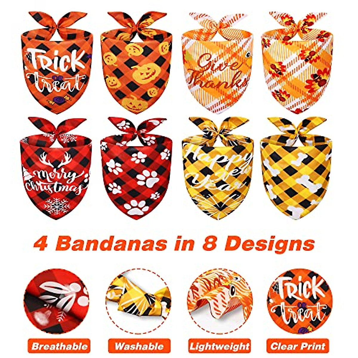 4 Pack Halloween/Thanksgiving/Christmas/New Year Dog Bandanas - Triangle Reversible Pet Scarf for Dogs, Adjustable Holiday Dog Bandanas for Small Medium Large Dogs Pets