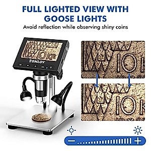TOMLOV 1000X Error Coin Microscope with 4.3" LCD Screen, USB Digital Microscope with LED Fill Lights, Metal Stand, PC View, Photo/Video, SD Card Included, Windows Compatible, Model- DM4S