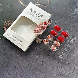 KKUUOO French Tip Press on Nails Square Fake Nails Medium False Nails with Colorful Flower Designs Cute Press on Nails Full Cover Acrylic Nails Stick on Nails Glossy Glue on Nails for Women 24Pcs