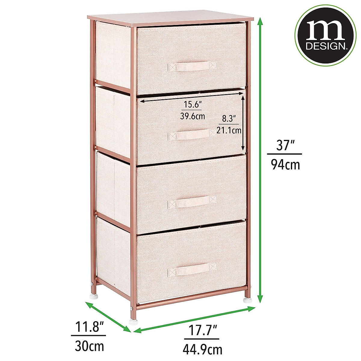 mDesign Tall Dresser Storage Tower Stand with 4 Removable Fabric Drawers - Steel Frame, Wood Top Organizer for Bedroom, Entryway, Closet - Lido Collection - Light Pink/Rose Gold