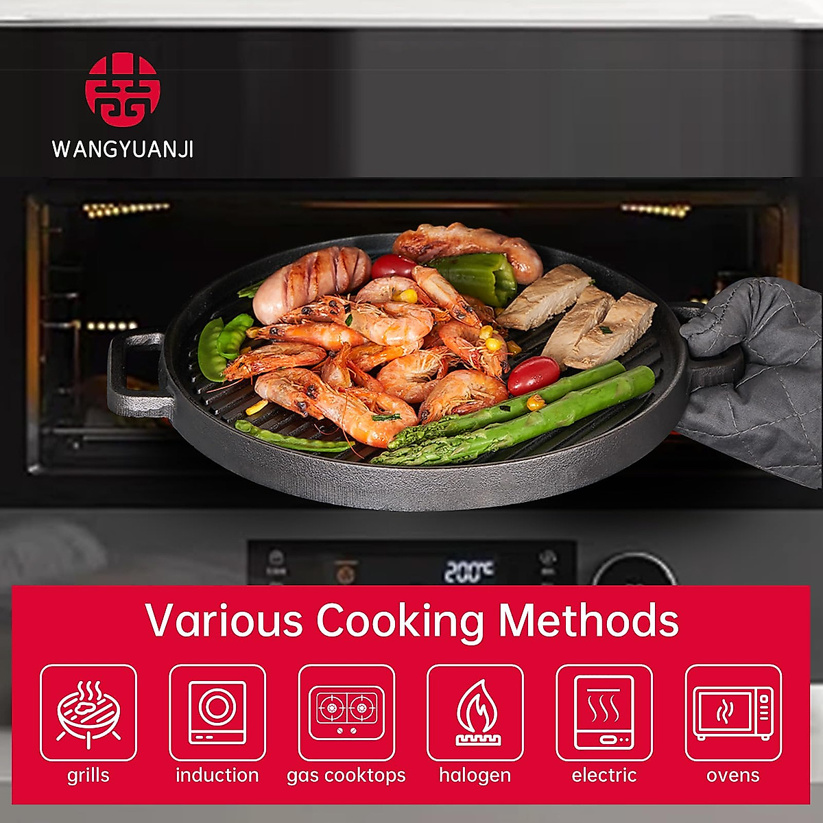 WANGYUANJI Cast Iron Grill Pan,11.8inch Round Cast Iron Skillets with Dual Handles for Barbecue,Suitable for All Stoves with Spatula and Brush