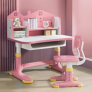iondelce Kids Desk and Chair Set, Height Adjustable Study Table for Kids, Ergonomic Kids Study Table and Chair Set with Large Writing Board, Bookshelf, Drawer and Castle Pattern, for Girls (Pink)