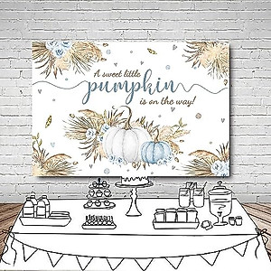 MEHOFOND 8x6ft Autumn Boho Little Pumpkin Backdrop for Boy Baby Shower Fall Leaves Pampas Grass Thanksgiving Blue White Floral Background for Photography Party Decorations Banner Photo Booth Props