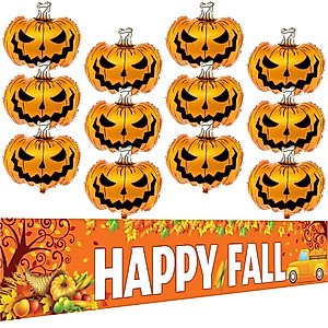 KatchOn, Scary Halloween Pumpkin Balloons - 25 Inch, Pack of 10 | Happy Fall Banner for Fall Decorations - Large, 120x20 Inch | Pumpkin Foil Balloons for Halloween Decorations | Fall Festival Banner