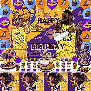 Lakers 24 Birthday Party Supplies for Men Boys Adults Kobe Bryant and Lebron James Basketball Game Theme Party Decorations Including Plates and Cups Tablecloth Backdrop Cake Toppers Backdrop