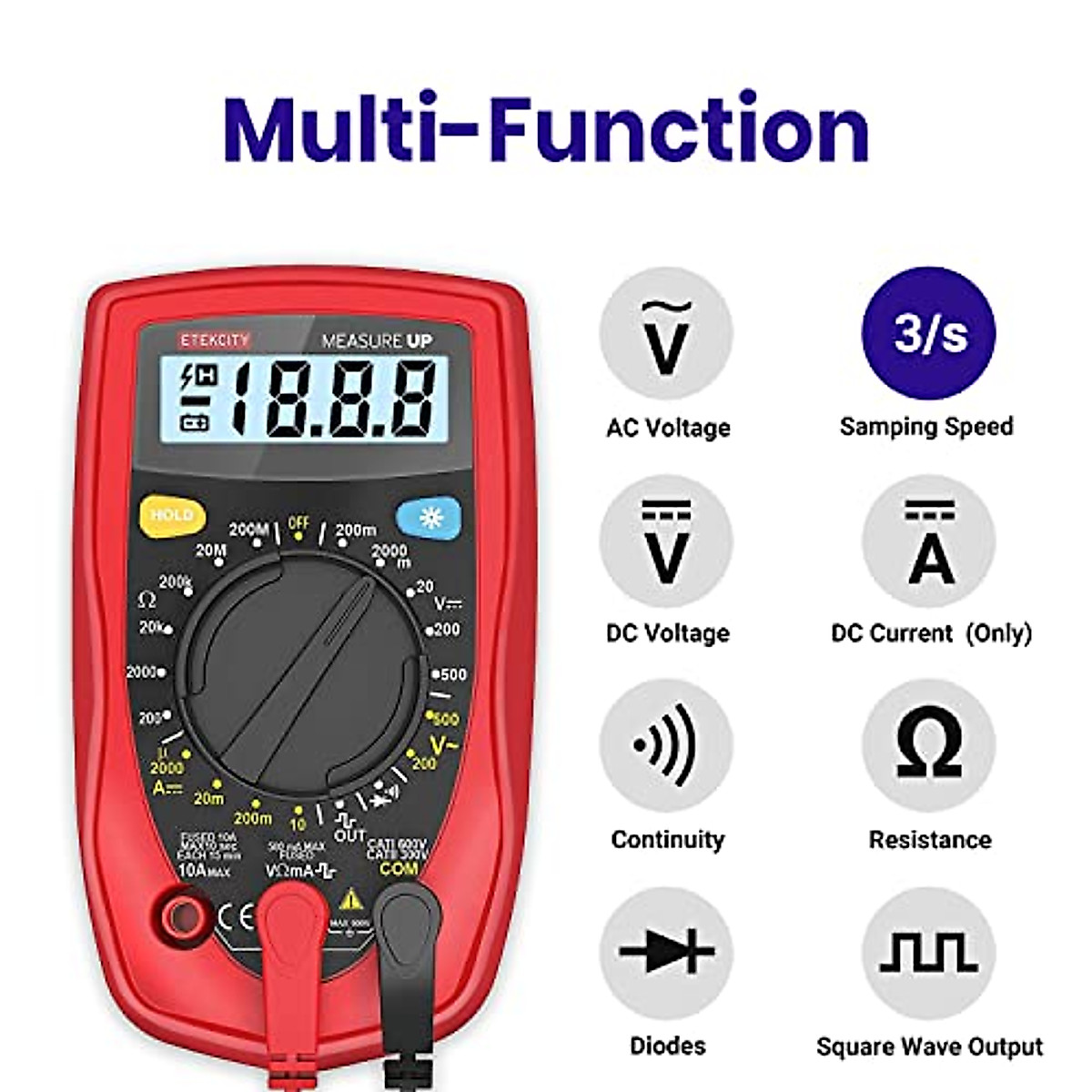 Etekcity Digital Multimeter, AC DC Voltmeter Amp Volt Ohm Current Meter, Electrical Voltage Outlet Circuit Tester With Continuity Resistance Diode Test ,Two Build-In Ceramic Fuses, Red, MSR-R500