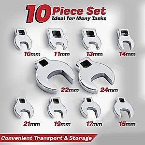 Crows Foot Wrench Set (Metric) Easily Access Hard-To-Reach Areas, Ideal for Tight Spaces, Great for Automotive Repair Work - Includes Sizes: From 10MM to 24MM - 10-Piece Kit With Clip-on Organizer