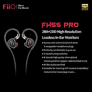 FiiO FH5sPro Headphone Earphones Wired High Resolution Deep Bass 2BA+2DD IEMs Comes with 2.5/3.5/4.4mm Swappable Plugs for Smartphone/PC/Laptop/Tablet