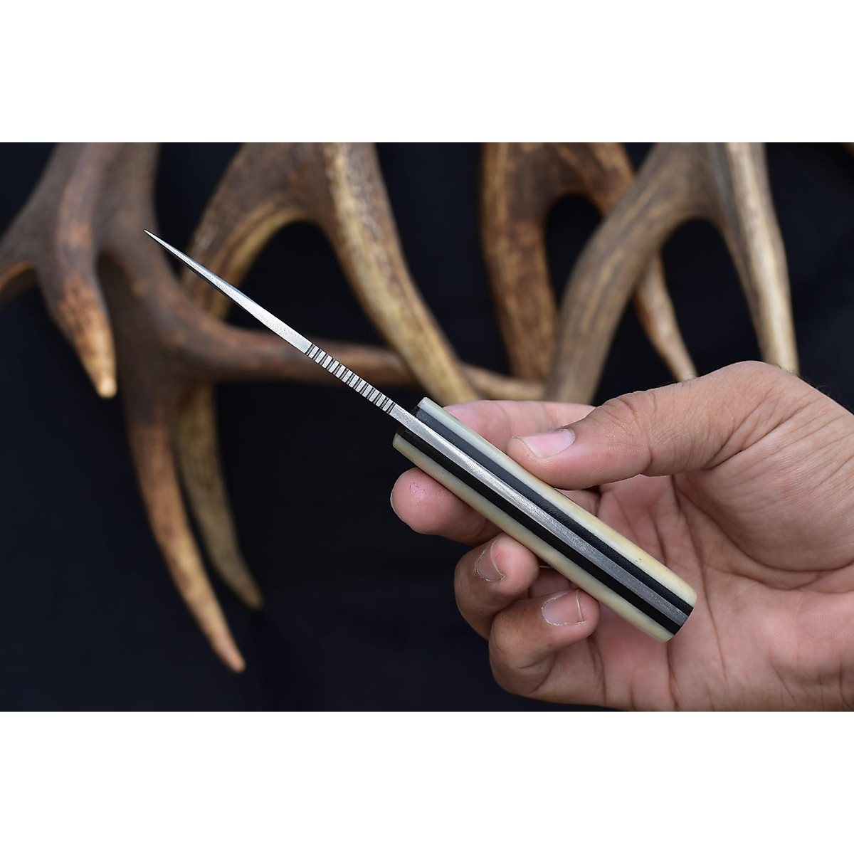 Knives Ranch Fixed Blade Hunting Knife - Full Tang EDC Knife - Damascus Skinning Knife - Bone Handle and Heavy Duty Horizontal Carry Sheath Snug Fit (4402-B)