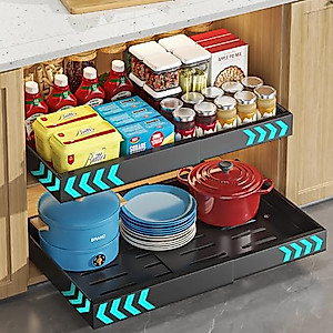 Pull Out Cabinet Organizer, 1PC 21" Deep Expandable (12.2"-20") Heavy Duty Pull Out Drawers for Cabinets Fixed with Adhesive Film, Peel Stick Slide Out Drawers for Kitchen Pantry, No Screw, Black